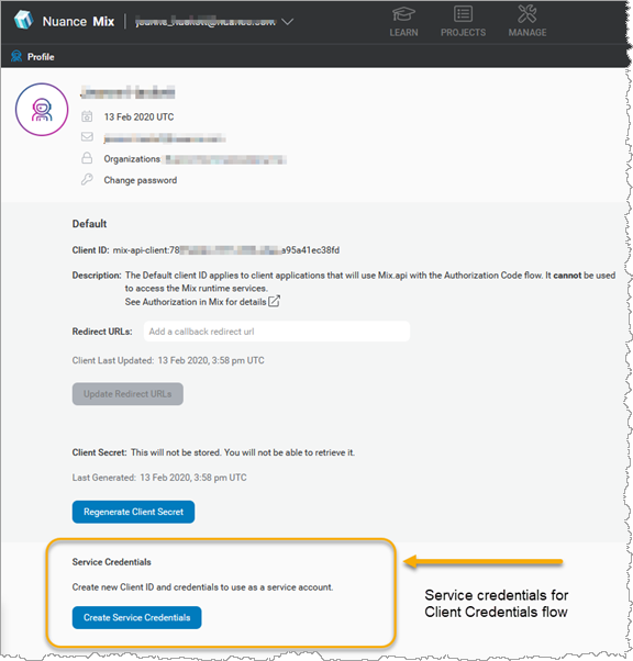 Service account: OAuth 2.0 Client Credentials flow | Nuance Mix